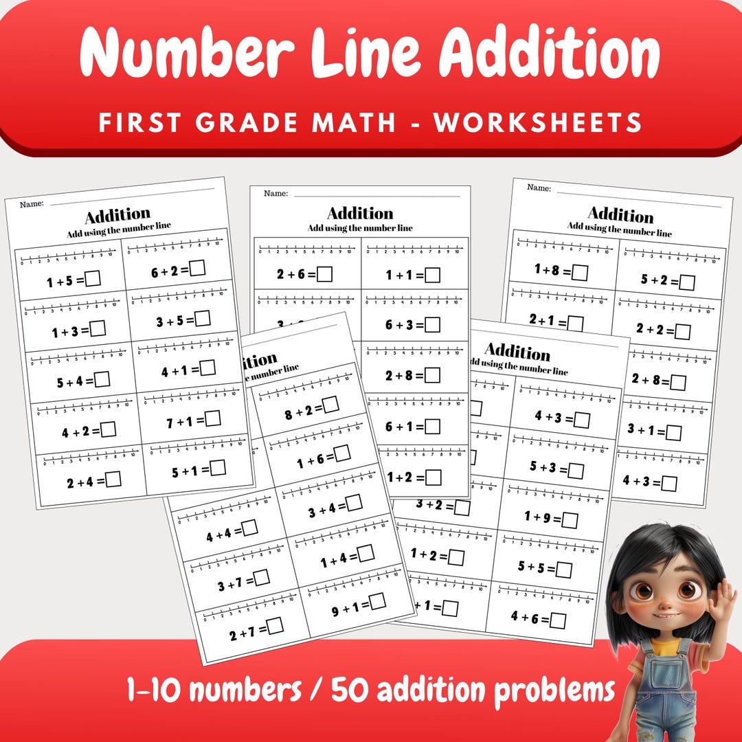 Number Line Addition Worksheets | First Grade Math | 5 PDF Pages | 50 ...