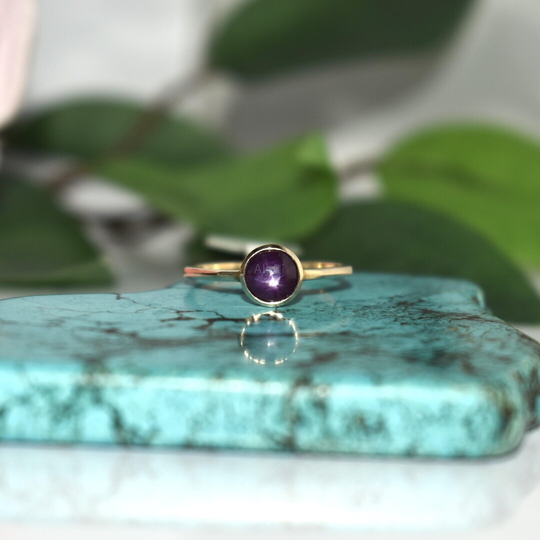 Natural Star Ruby Cabochon Ring • Dainty 14K Gold Minimalist Gemstone ...