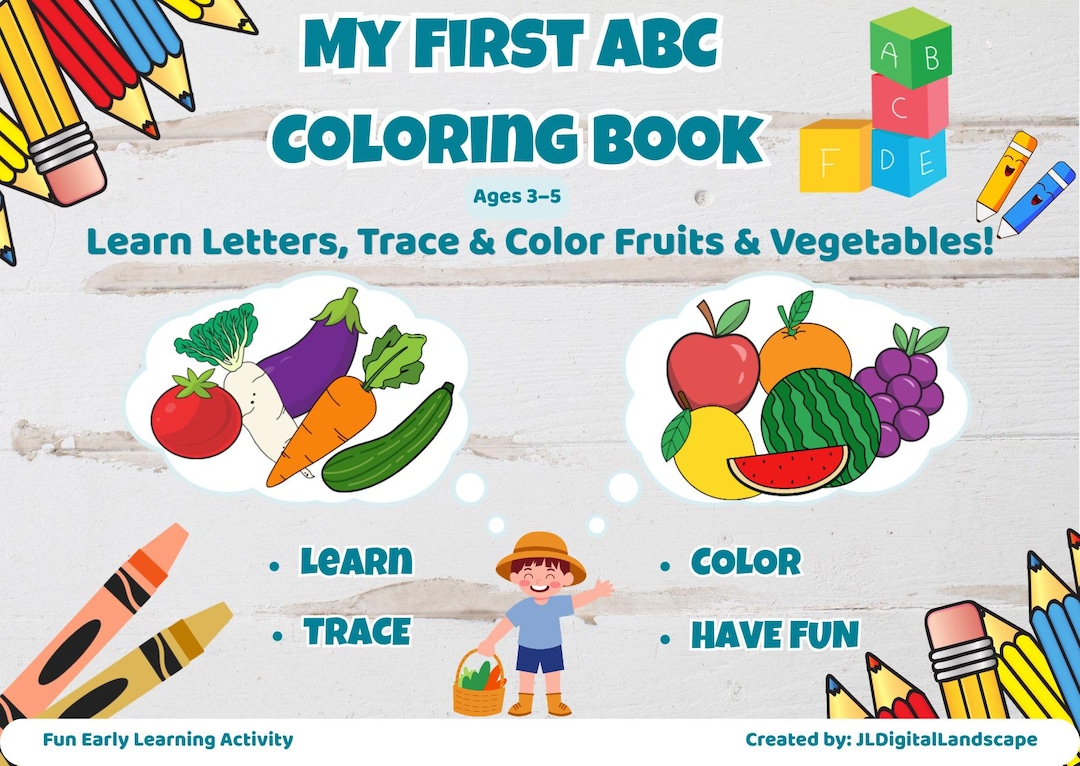 ABC Fruits Vegetables Coloring Book | Learn Letters, Trace, Preschool ...