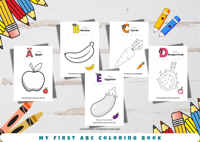 ABC Fruits Vegetables Coloring Book | Learn Letters, Trace, Preschool ...