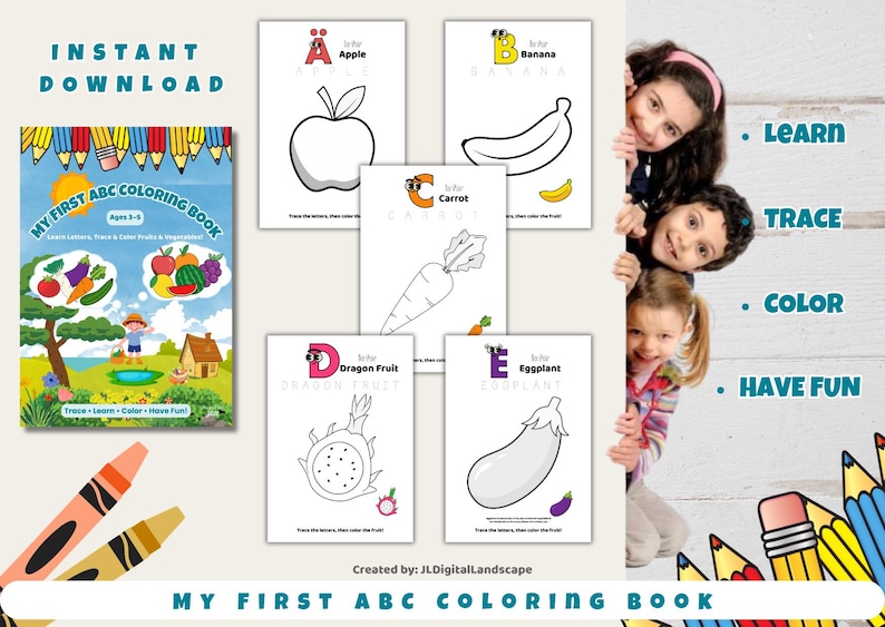 ABC Fruits Vegetables Coloring Book | Learn Letters, Trace, Preschool ...