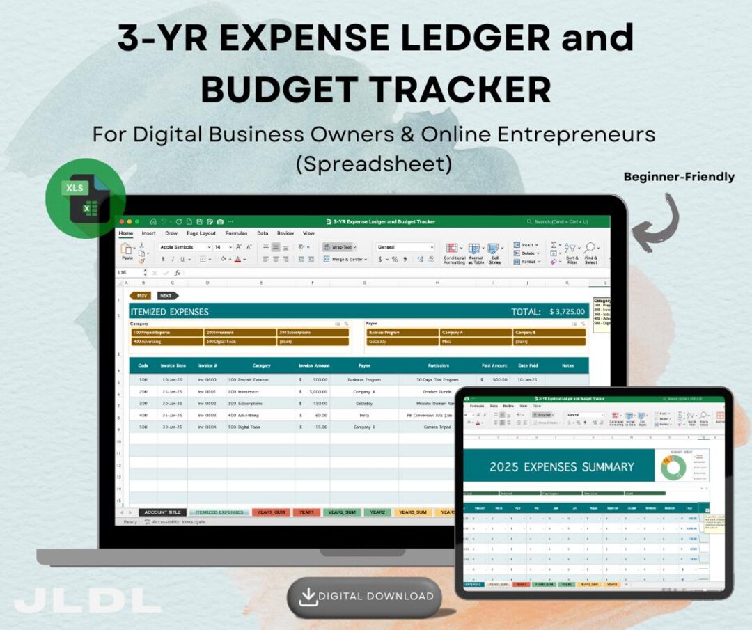 3-year Expense Tracker & Budget Spreadsheet for Digital Entrepreneurs ...