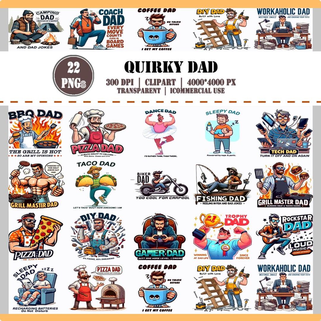 Quirky Funny Dad Clipart Bundle: Watercolor Father's Day Quotes PNG ...