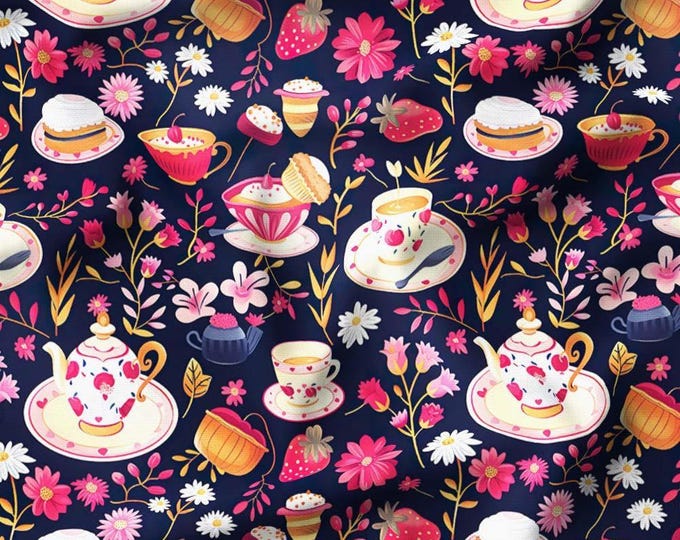 Cottagecore Tea Party Upholstery Fabric: Dark Floral Teacups, Cakes - Etsy