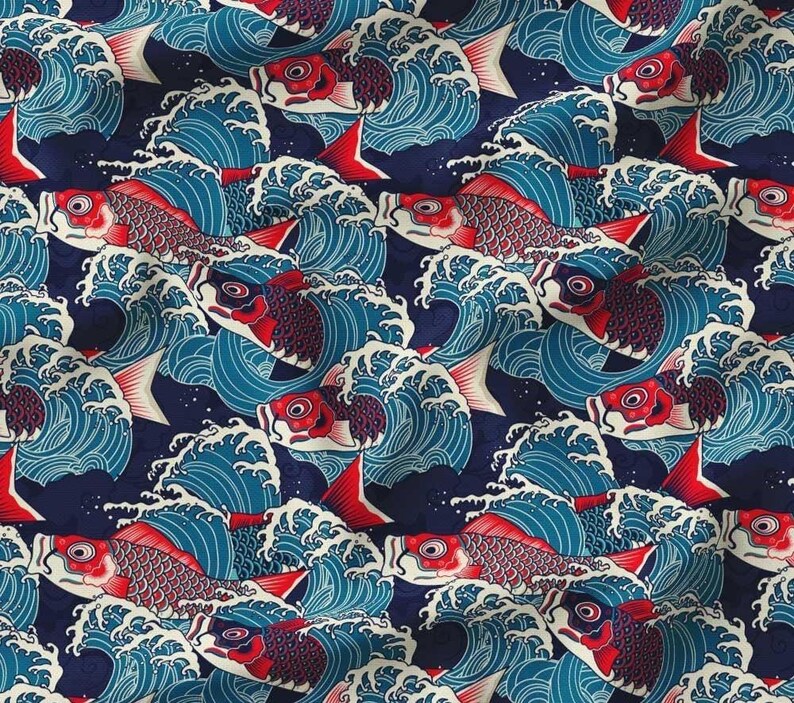 Japanese Koi Fish Wave Upholstery Fabric Traditional Red Blue Ocean ...
