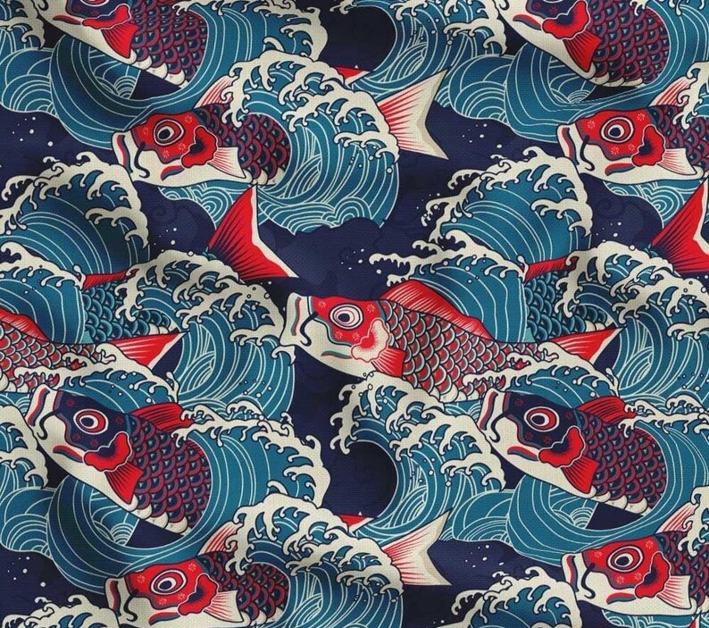 Japanese Koi Fish Wave Upholstery Fabric Traditional Red Blue Ocean ...