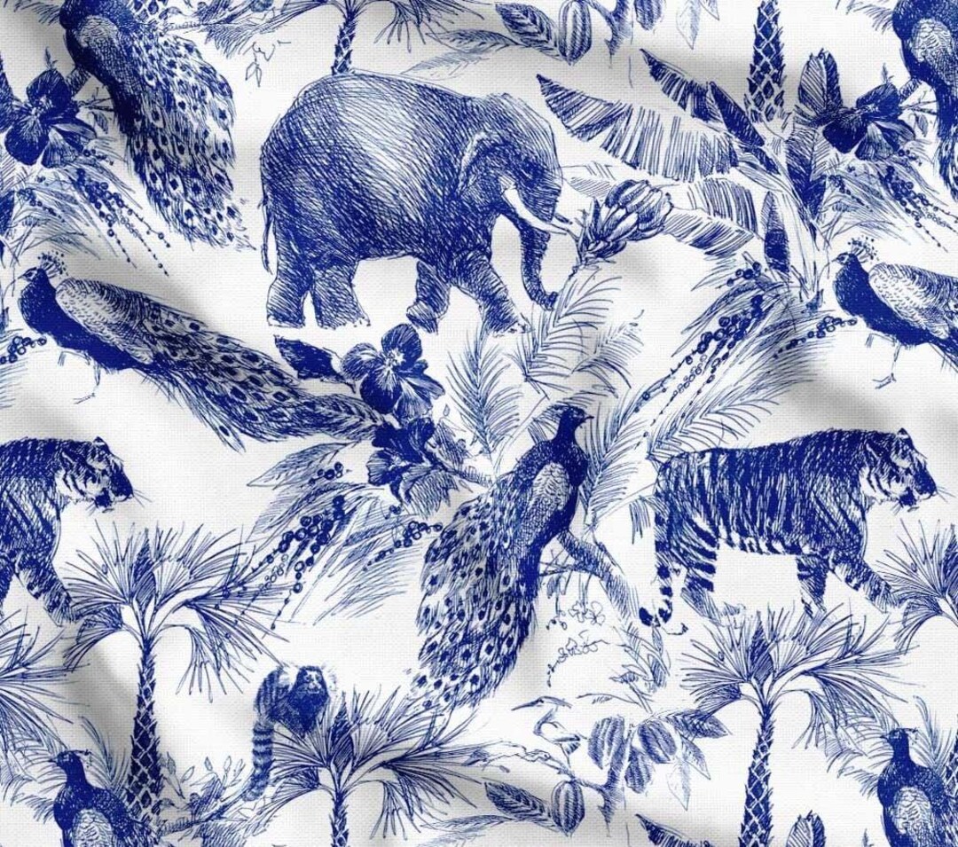 Blue Toile Fabric: Jungle Animals Print - Upholstery & Sewing Material ...