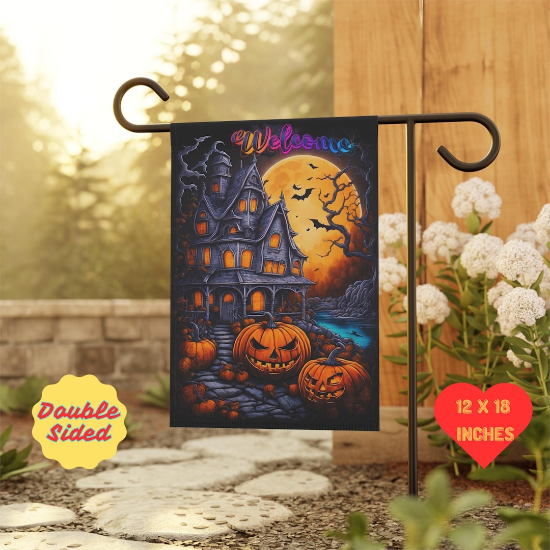 Haunted House Halloween Garden Flag: Spooky Pumpkins, Full Moon - Etsy