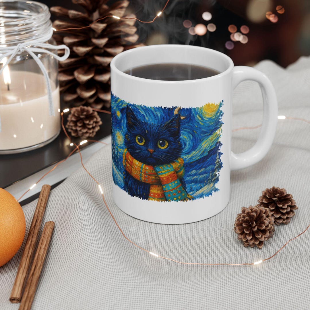 Starry Night Cat Mug: Blue Kitty Artwork With Cozy Scarf - Etsy