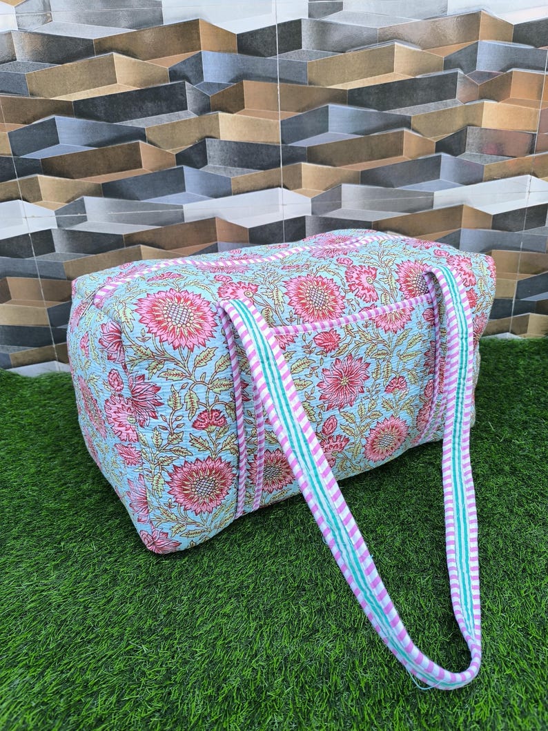 Handmade Quilted Cotton Duffle Bag. Floral Printed Overnight Quilting ...