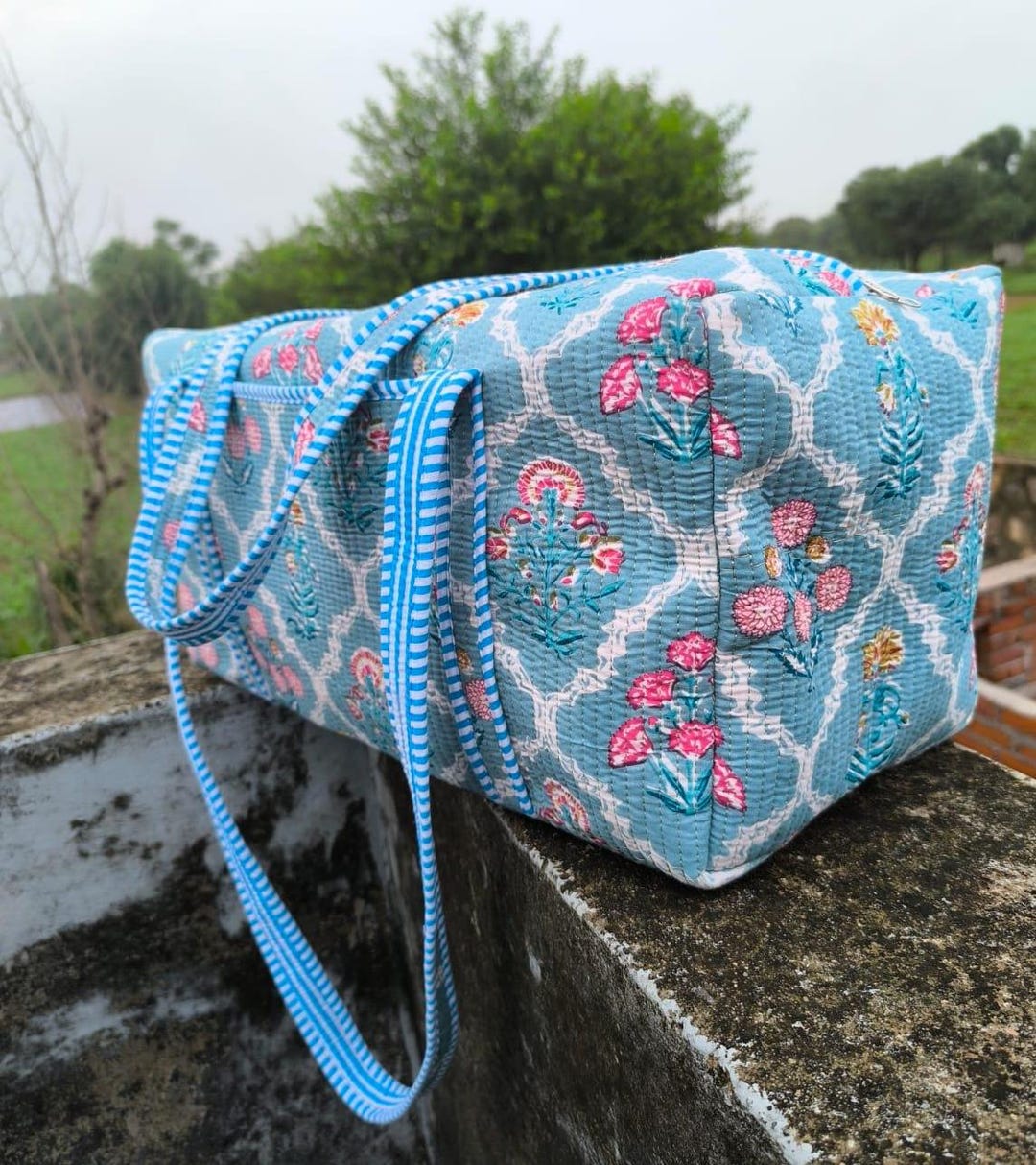 Block Print Cotton Quilted Duffle Bag: Handmade Overnight Travel ...