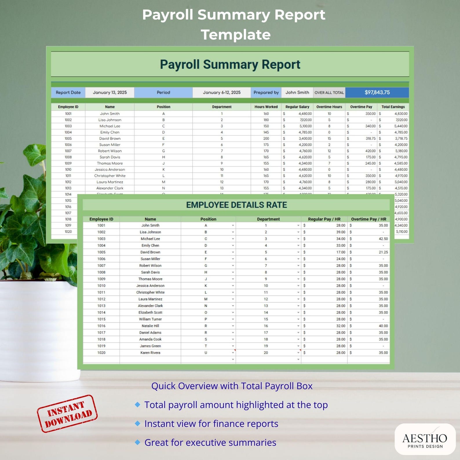 Excel Payroll Template With Employee ID Department Overtime ...