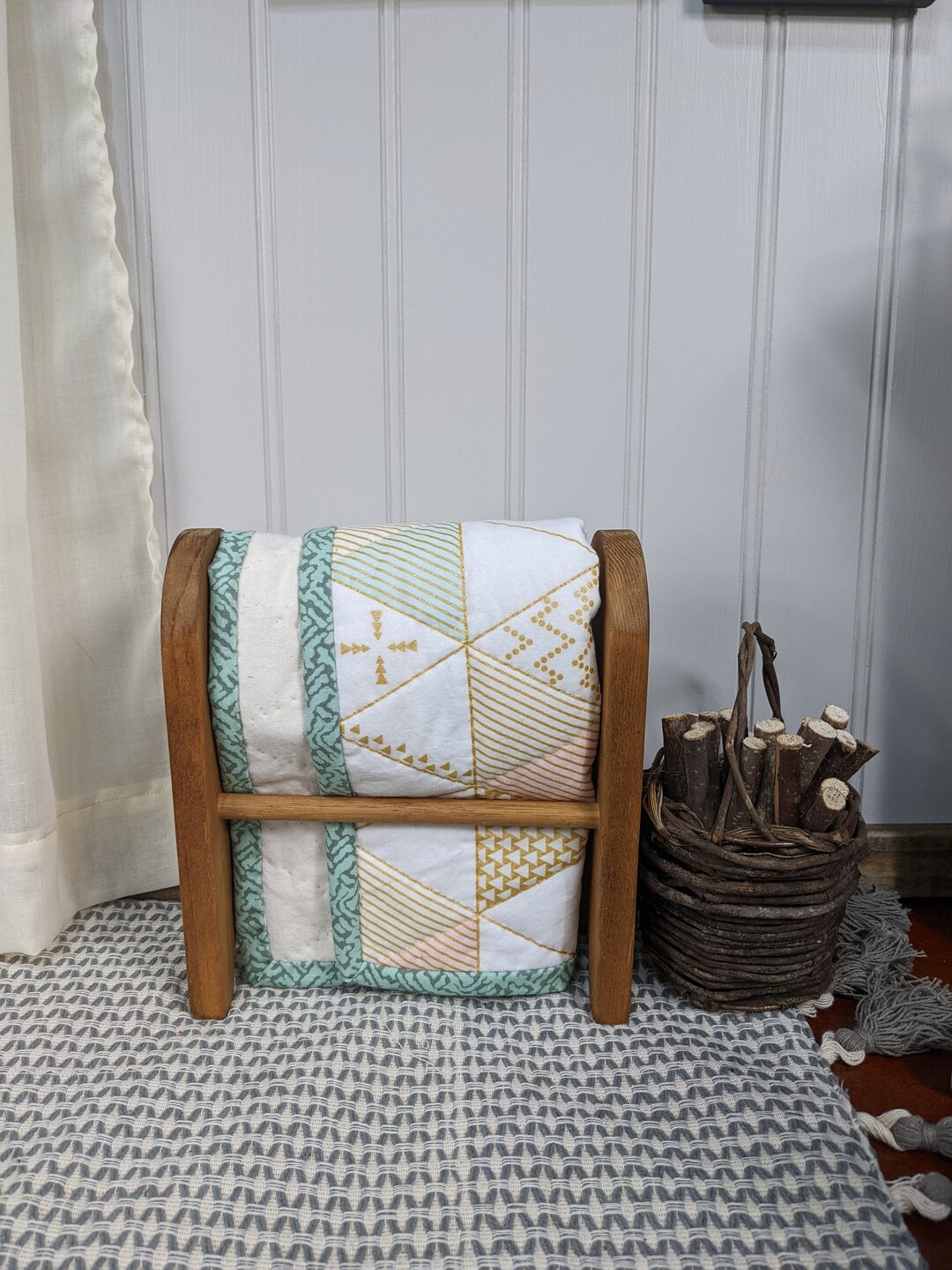 Hand Quilted Doll Blanket: Pink Mint Geometric Throw for 18-inch Dolls ...
