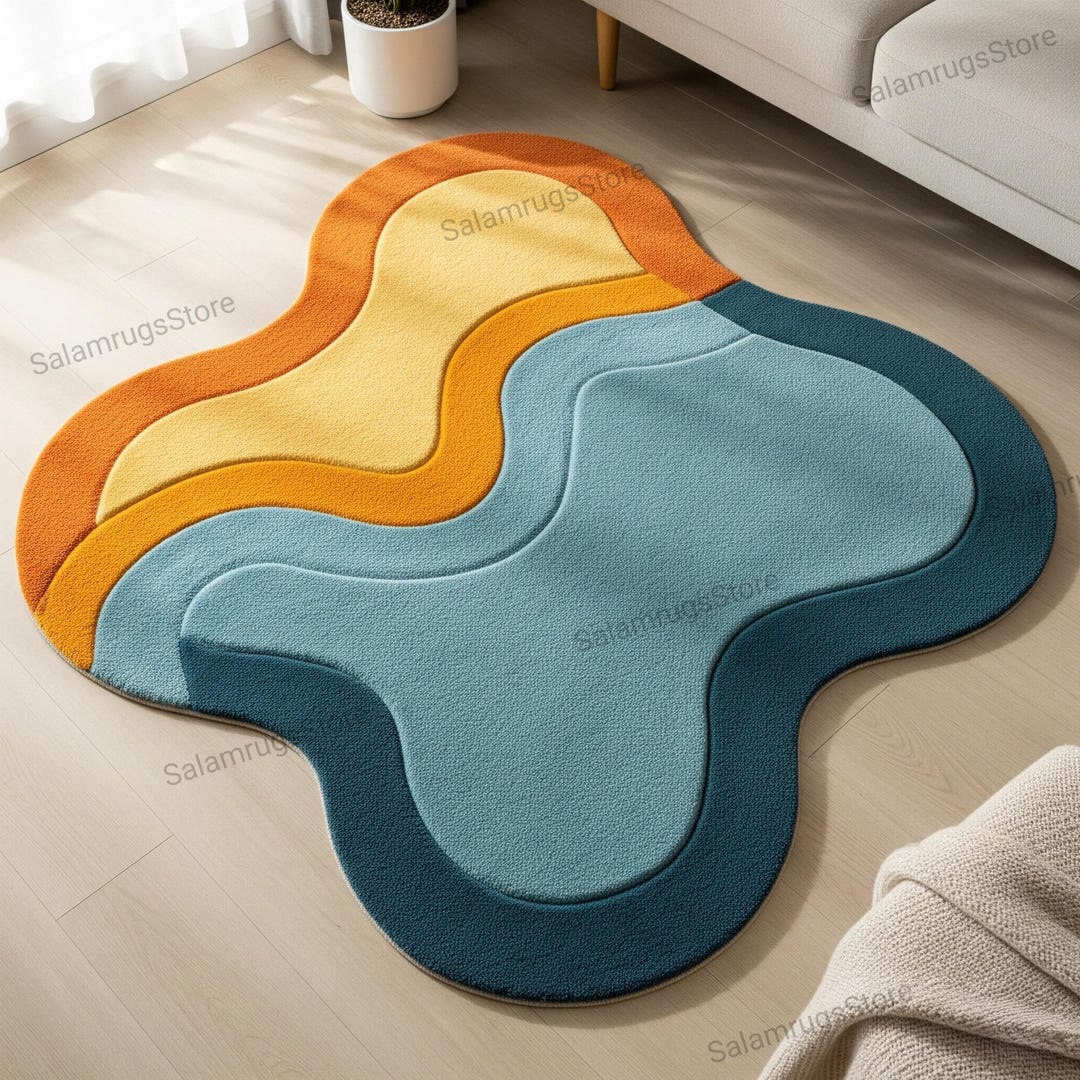 Light Deep Blue Irengular Hand Tufted Wool Rugs, Orange Yellow Modern ...