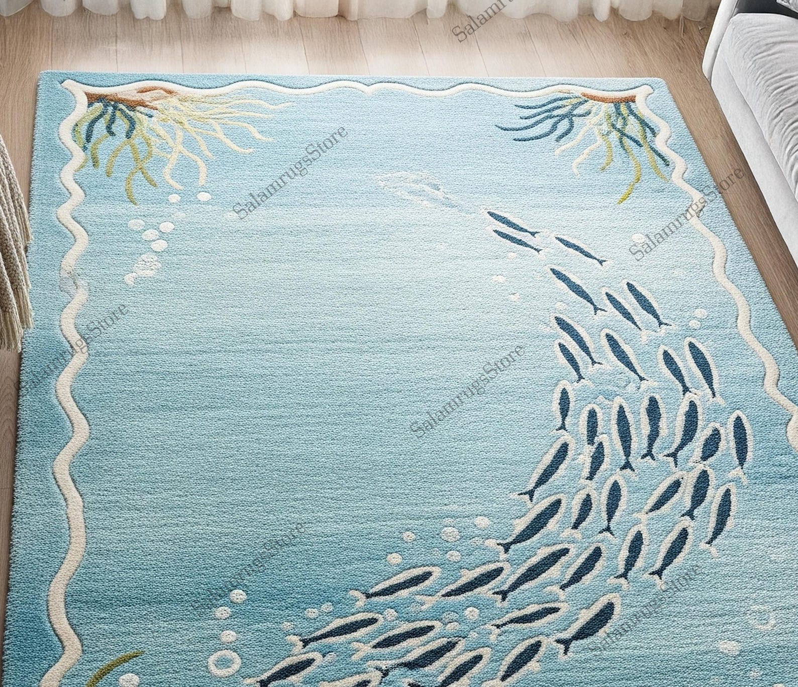 Blue Ocean Fish Design Hand Tufted White Scalloped Bedroom Wool Rug ...