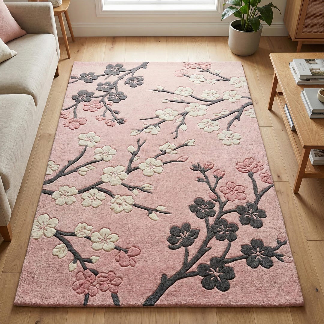Pink Cherry Blossom Rug, Hand Tufted Floral Wool Area Rugs for Living ...
