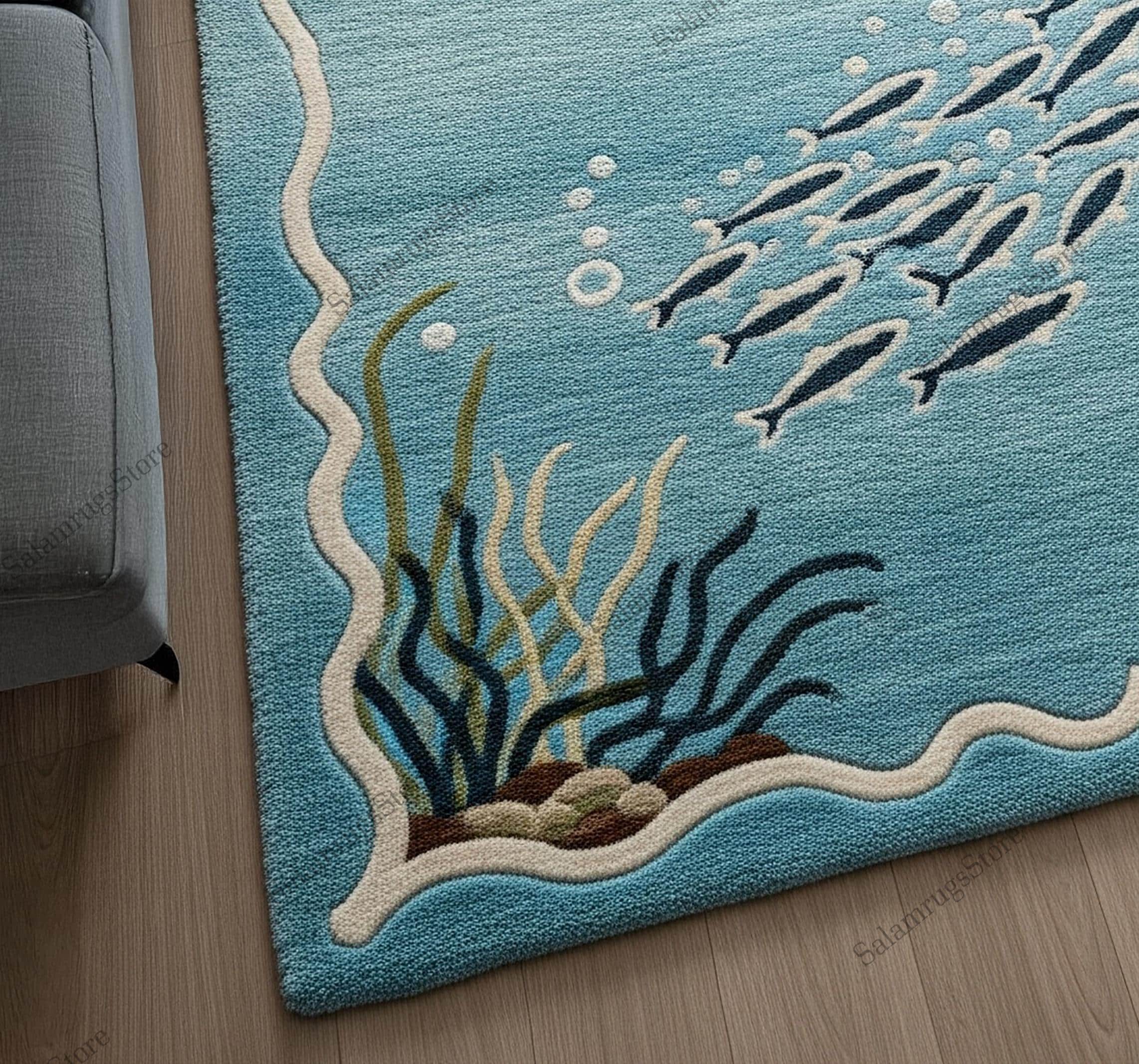 Blue Ocean Fish Design Hand Tufted White Scalloped Bedroom Wool Rug ...