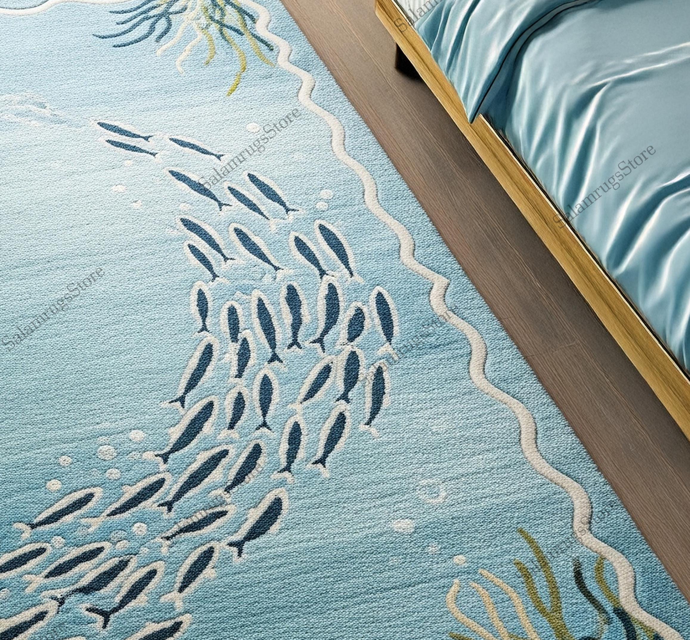 Blue Ocean Fish Design Hand Tufted White Scalloped Bedroom Wool Rug ...