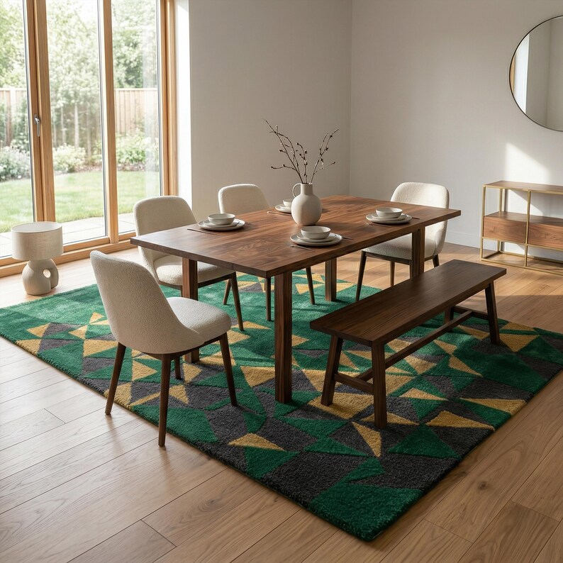 Angular Triangle Cluster Wool Rug, Green Gold Charcoal Hand Tufted ...