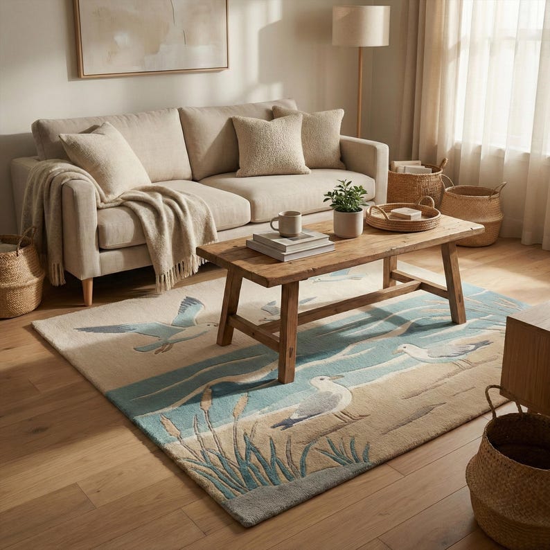 Coastal Bird Area Rug, Beige Blue Hand Tufted Wool Rugs for Living Room ...