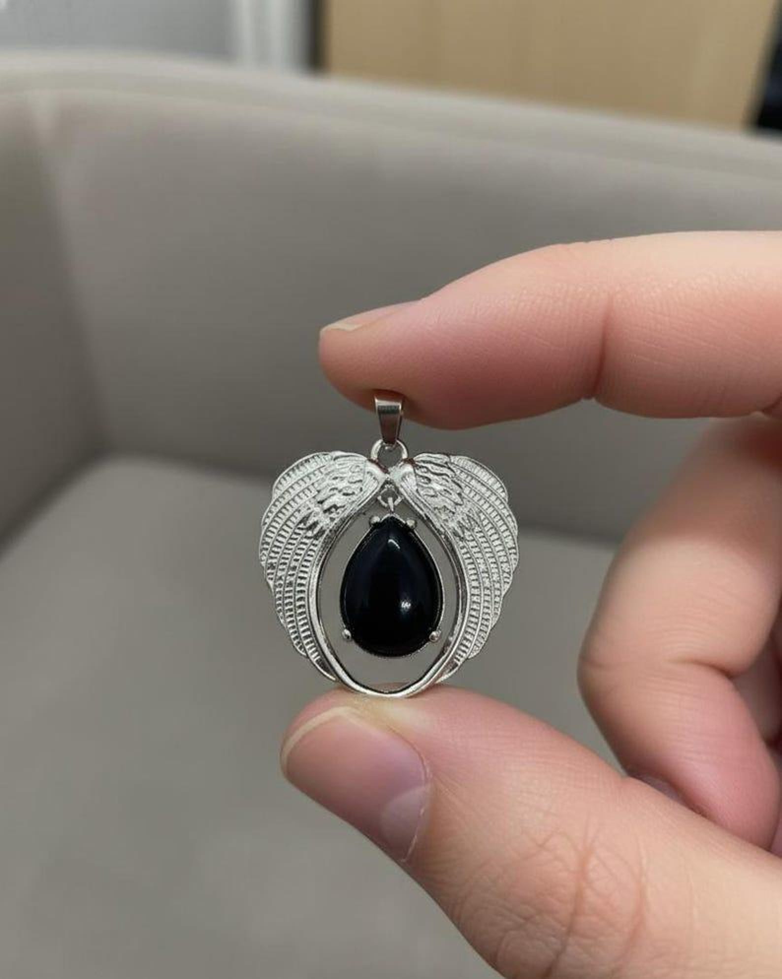 Black Obsidian Angel Wing Pendant Necklace | Silver-tone, Protection ...