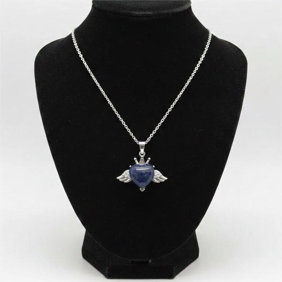 Natural Lapis Lazuli Heart Pendant Necklace With Angel Wings | Handmade ...