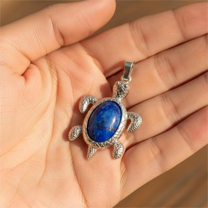 Natural Lapis Lazuli Turtle Pendant Necklace | Sterling Silver Handmade ...