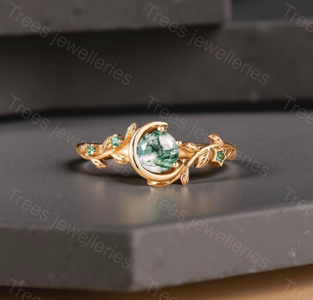 Moon Moss Agate 14K Gold Ring, Nature Inspired Leaf Jewelry - Etsy