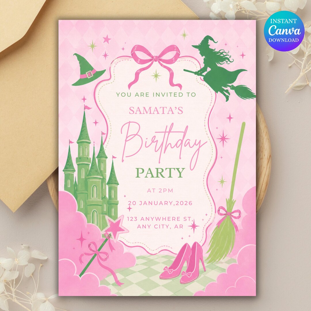 Pink Green Witch Birthday Invitation, Magic Castle Party Invite ...