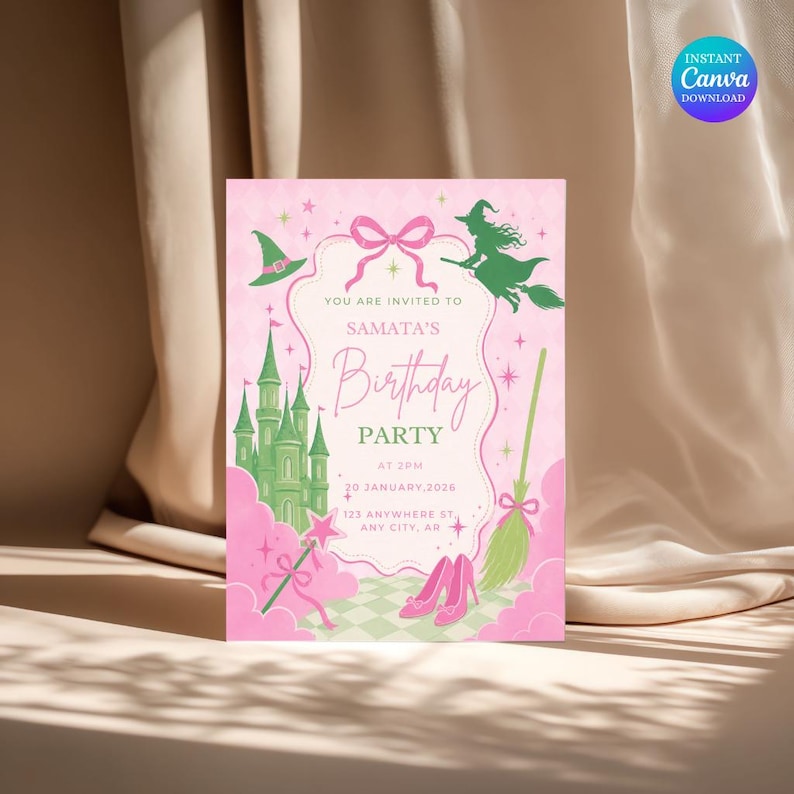 Pink Green Witch Birthday Invitation, Magic Castle Party Invite ...