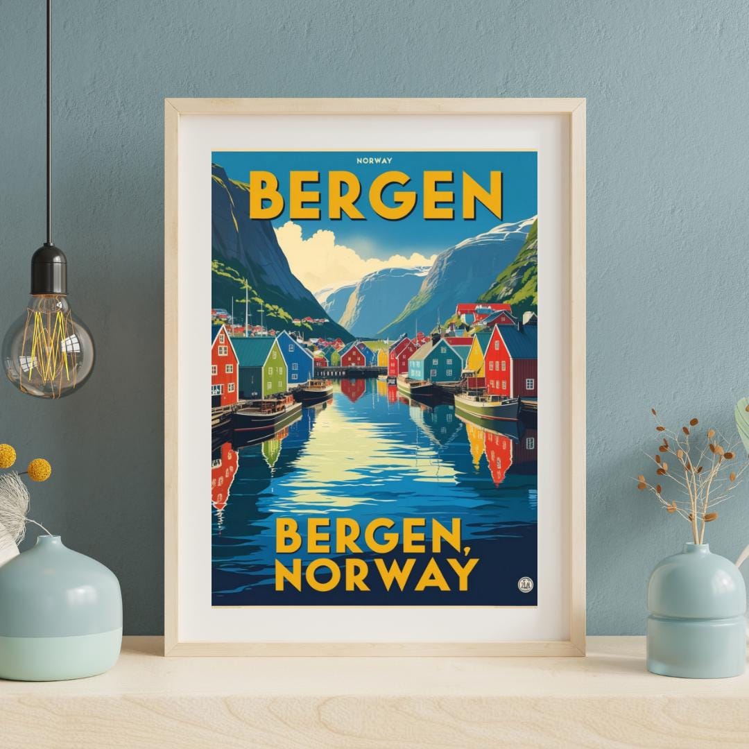 Vintage Bergen Norway Travel Poster, Matte Art Print, Scandinavian Wall ...