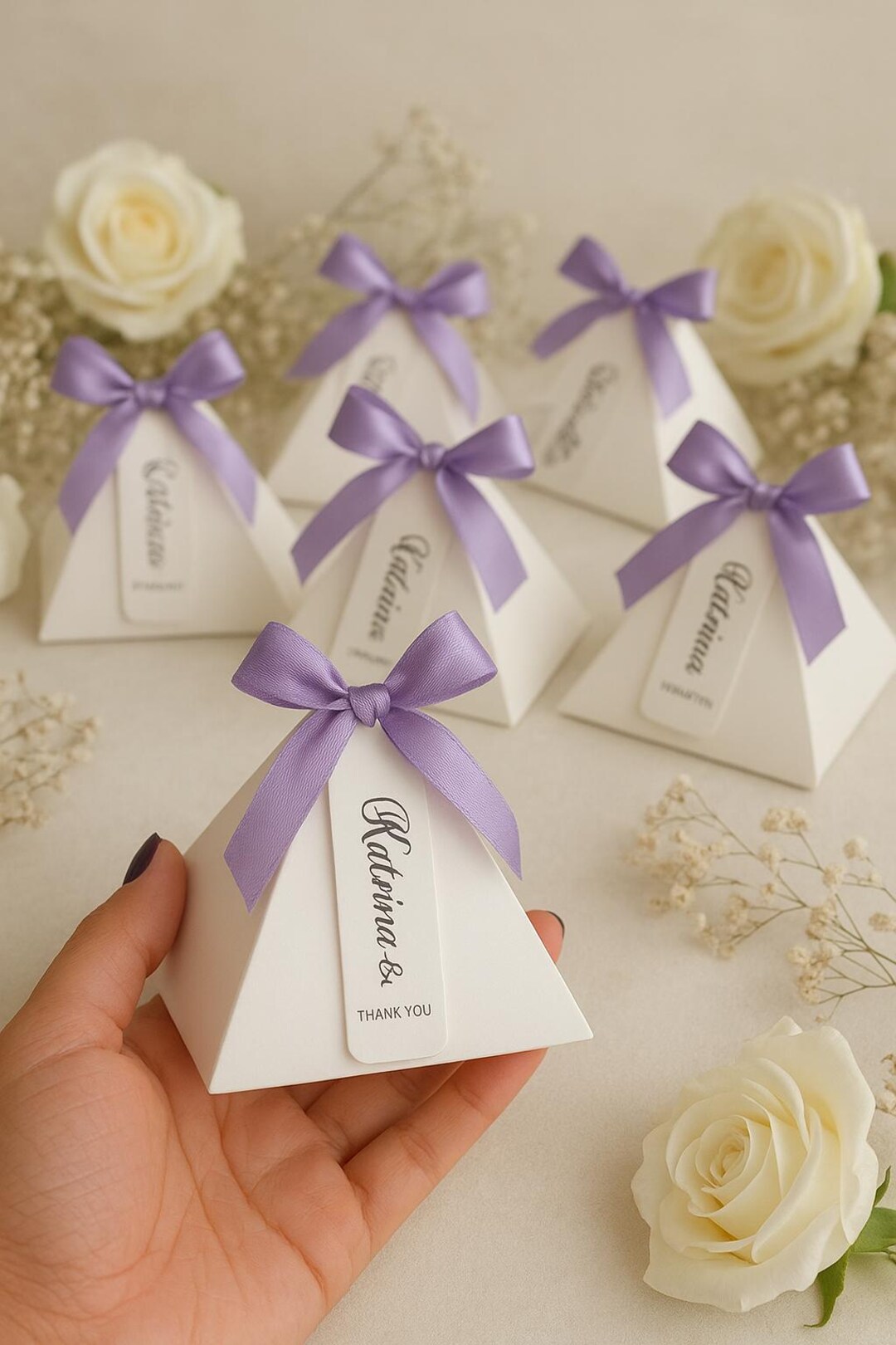 Pyramid Wedding Favor Box With Lavender Ribbon & Personalized Tag ...