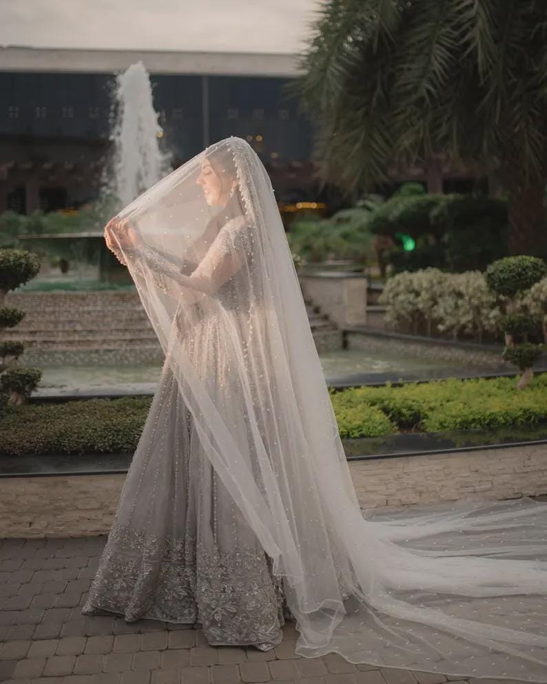 Nikah Bridal Dupatta, Long White Wedding Veil With Embroidery & Pearls ...