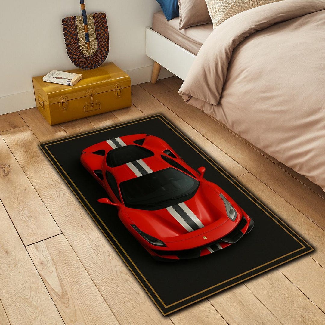 Ferrari Striped Supercar Rug – 3D Red Racing Car Design Rug | Luxury ...