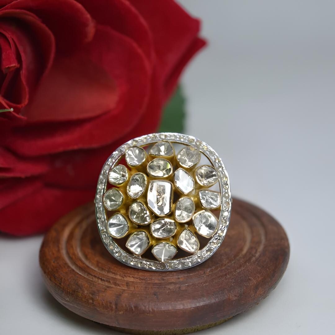 Handmade Natural Polki & Single Cut Diamond Ring: 925 Sterling Silver ...