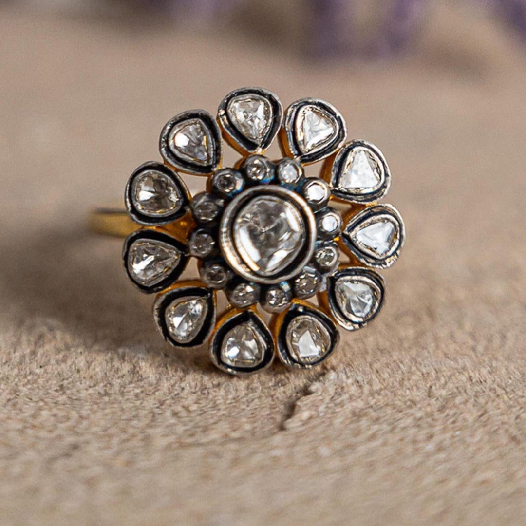 Natural Uncut Polki & Single Cut Diamond Floral Ring: 925 Sterling ...