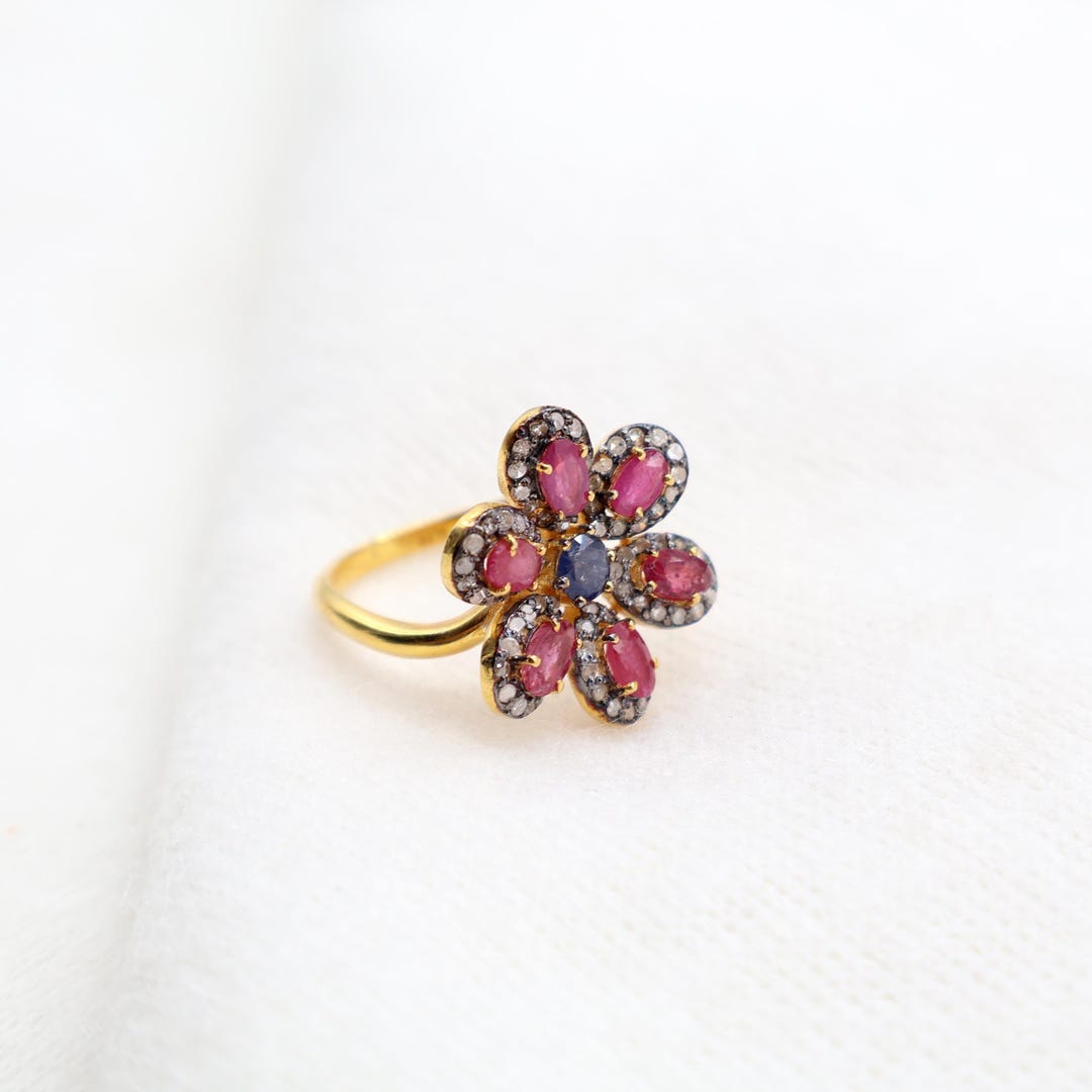 Handmade Ruby Flower Ring, Pave Diamond, Blue Sapphire, Gold Plated 925 ...