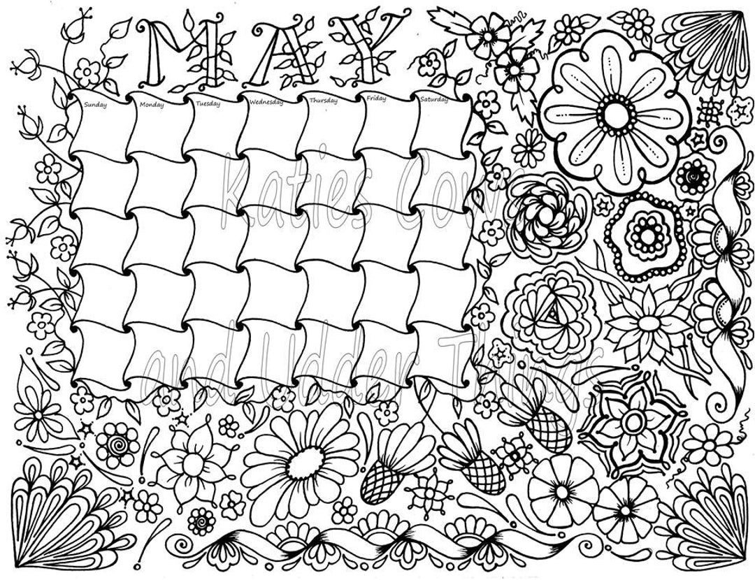May Doodled Calendar Coloring Page - Etsy