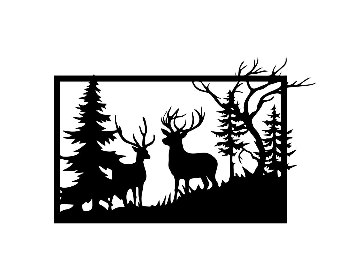 Deer Forest DXF Vector | Mountain Silhouette | Pine Tree Art | SVG PNG ...