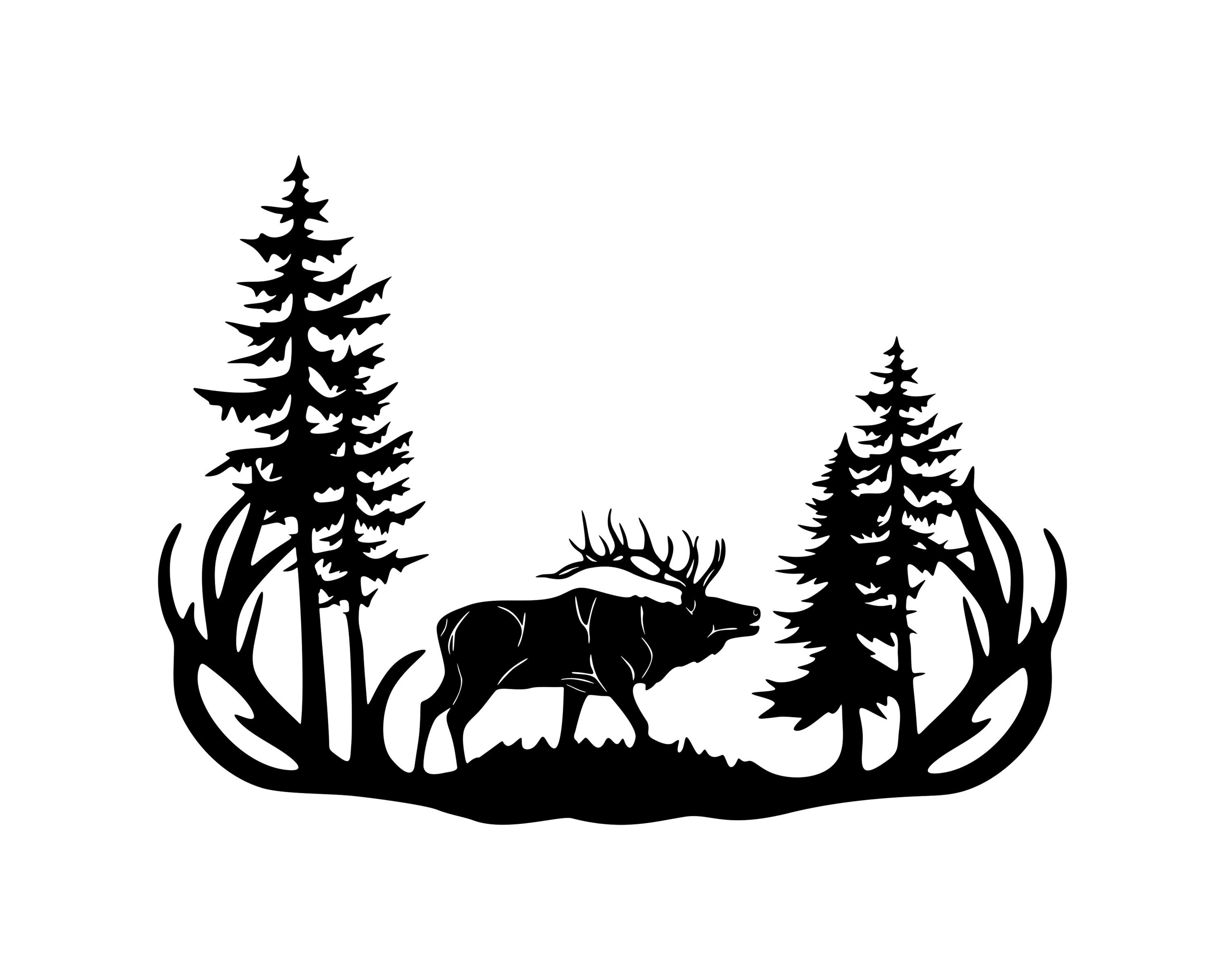 Elk DXF | Pine Tree Antler Scene | Wildlife Silhouette Art | Forest ...