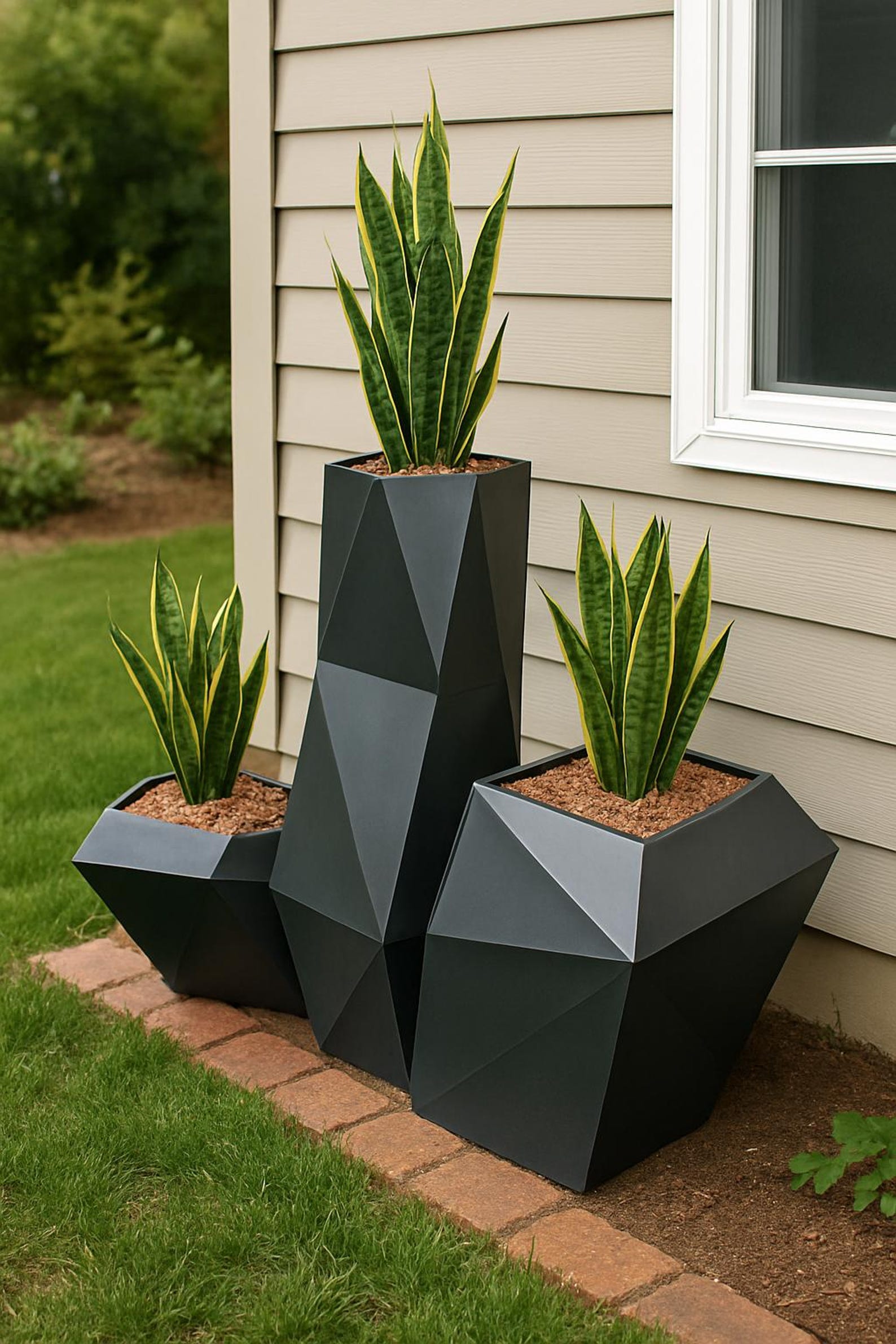 Modern Geometric Metal Planter Set | Faceted Outdoor Garden Pots | Tall ...