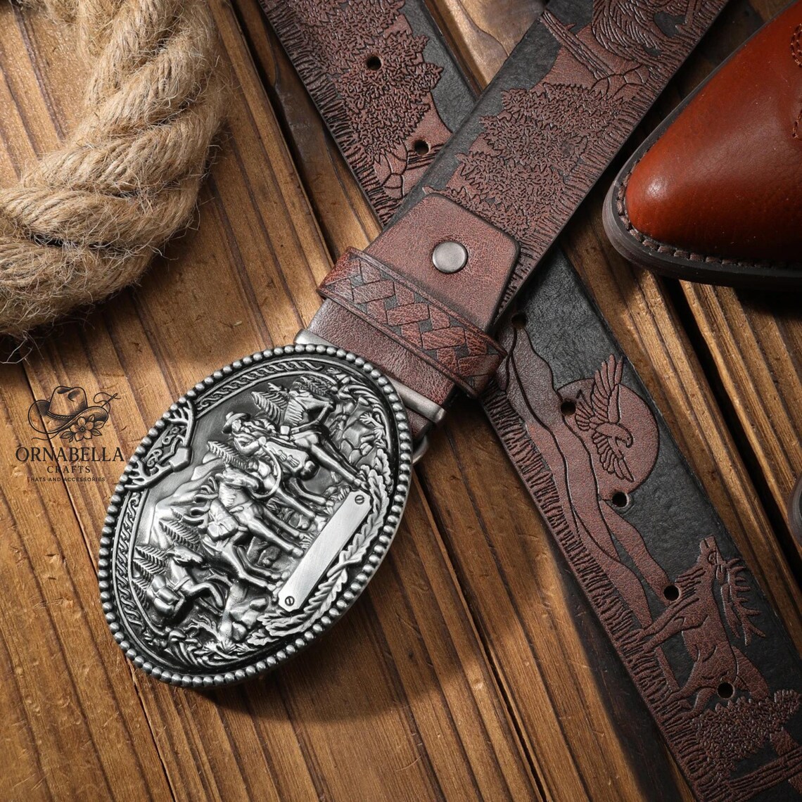Leather Western Belt: Embossed Design, Longhorn Buckle (unisex) - Etsy