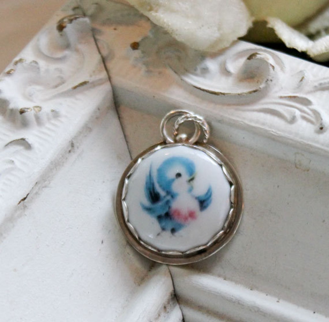 Bluebird of Happiness Sterling Blue Bird Edged Porcelain Pendant Charm ...