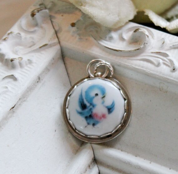 Bluebird of Happiness Sterling Blue Bird Edged Porcelain Pendant Charm ...