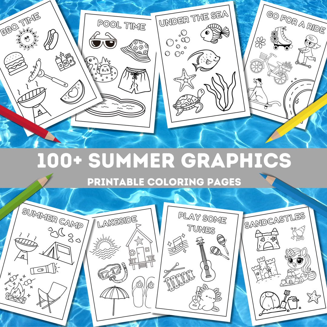 Summer Fun Coloring Page Set - Pool Party Color Activity - Summer Beach ...