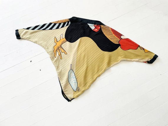 1980s Vollbracht Printed Silk Batwing Sleeve Top - Gem