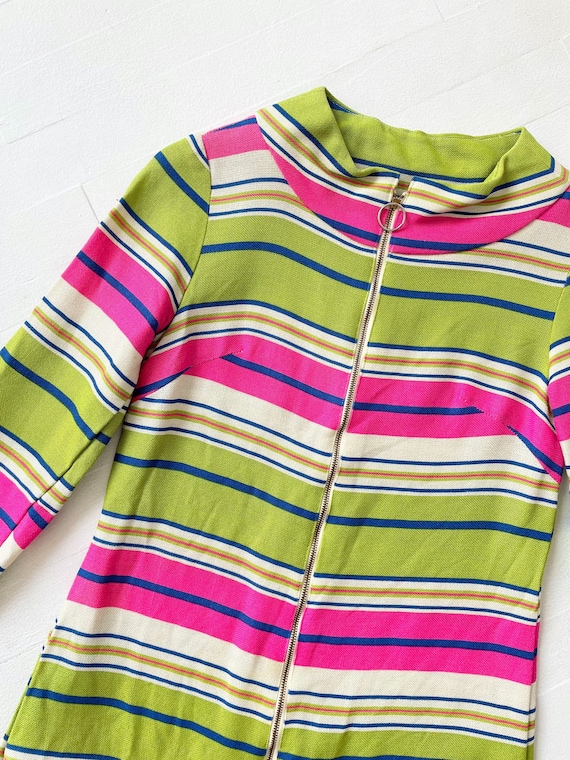 1970s Circle Zip Front Striped Minidress - Gem