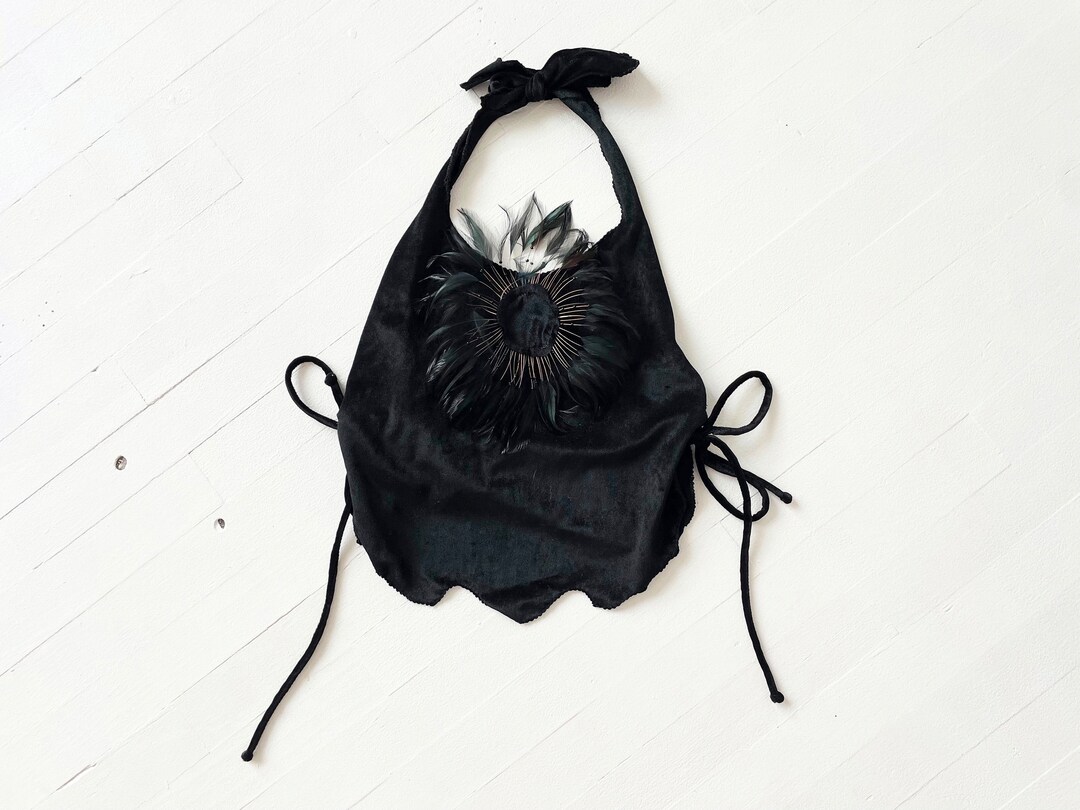 1970s Black Velveteen Feather Halter Top - Etsy