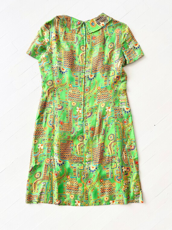 1960s Patterned Green Satin Dress with Flat Collar - Gem