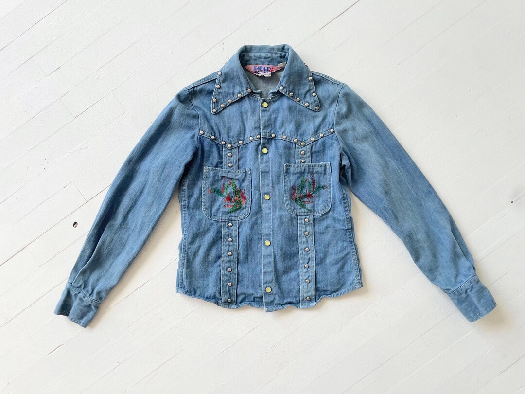 1970s Studded Denim Shirt – Western Shirt With Hand-painted Birds, XS ...